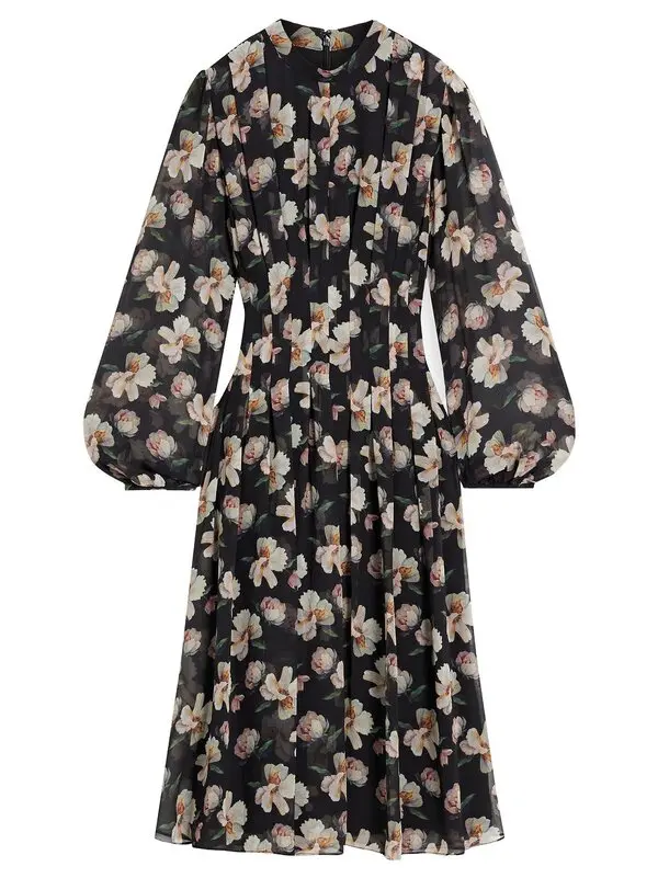 MIKAEL AGHAL Pleated Floral-print Chiffon Midi Dress - Black