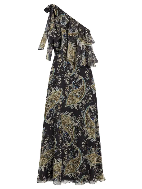 MIKAEL AGHAL One-shoulder Printed Chiffon Maxi Dress - Black