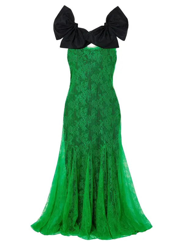 Nina Ricci Lace And Bow-detailed Taffeta Gown - Green