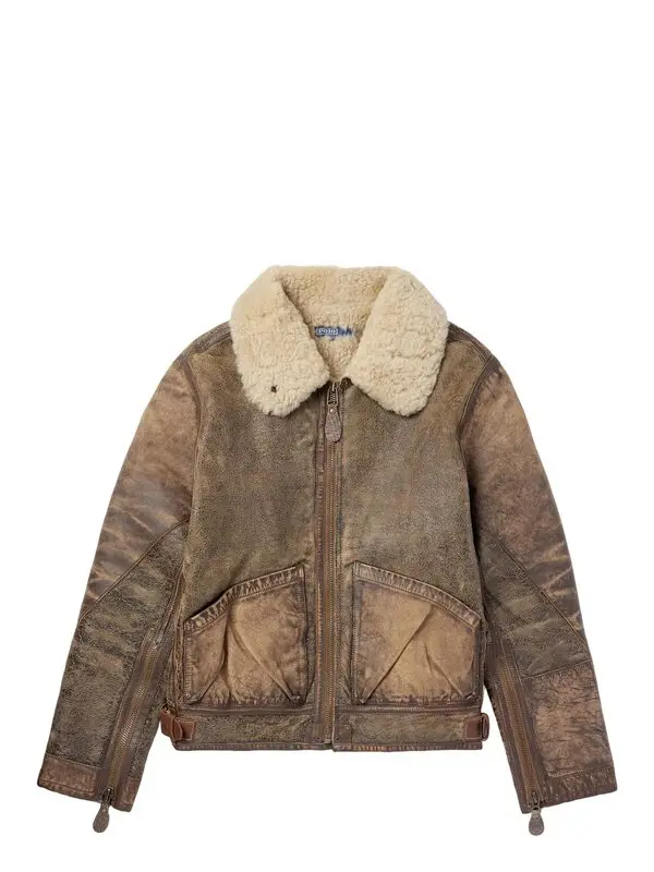 Polo Ralph Lauren Distressed Shearling Bomber Jacket - Brown