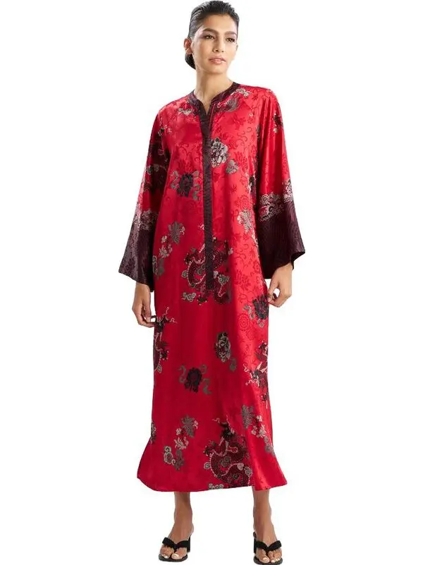 Natori Imperial Dragon Jacquard Zip Caftan - Red