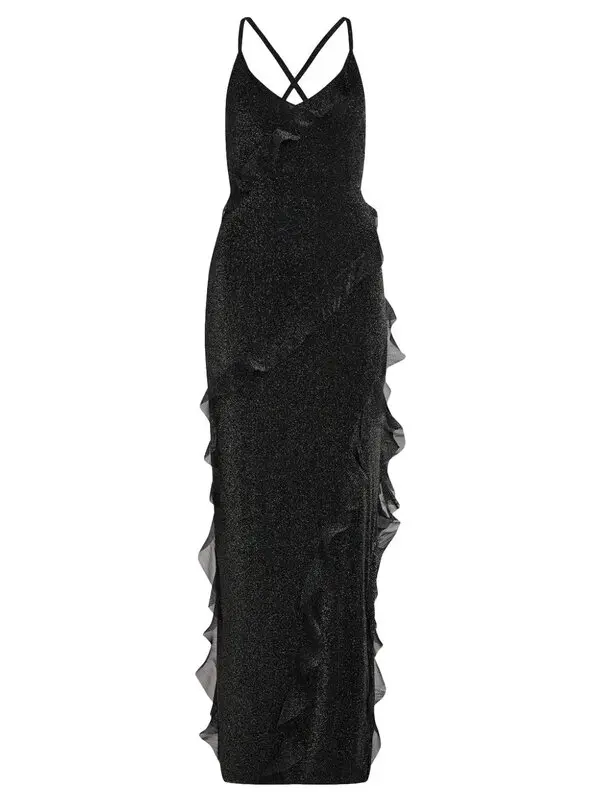Karl Lagerfeld Lurex Ruffle Maxi Dress - Black