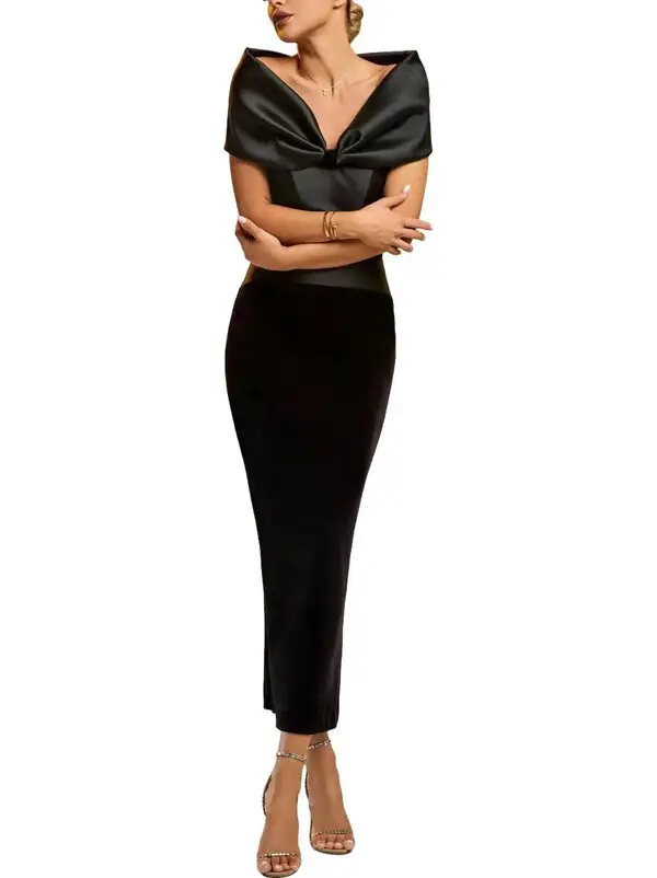 CRISTALLINI Off-shoulder Bow Detail Midi Dress - Black