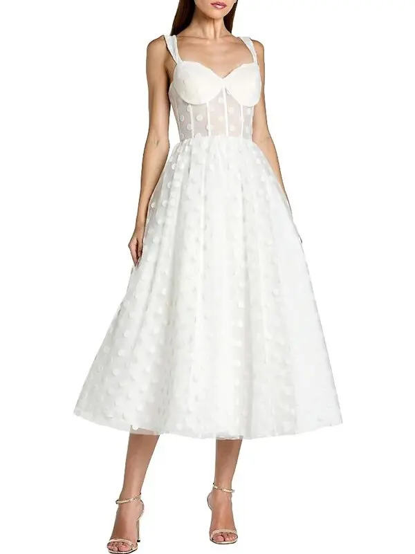 Mac Duggal Polka Dot Net Bustier A-line Midi Dress - Ivory