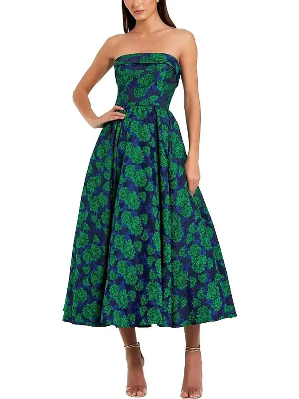 Mac Duggal Brocade Strapless A-line Midi Dress - Emerald Multi