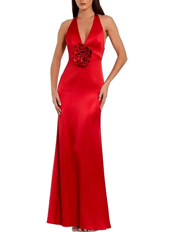 Mac Duggal Fitted Halter Gown With 3d Flower - Red