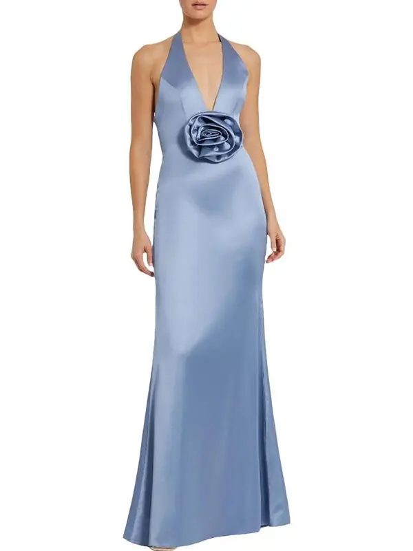 Mac Duggal Fitted Halter Gown With 3d Flower - Slate Blue