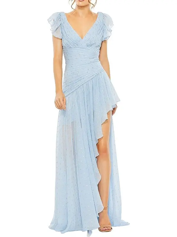 Mac Duggal Asymmetrical Ruched Gown With Flutter Sleeves - Ice Blue