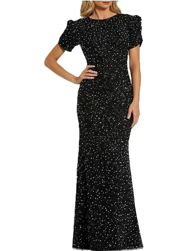 Mac Duggal Gathered Short Sleeve Beaded Gown - Black