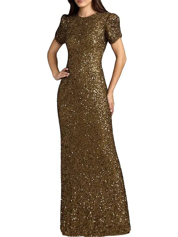 Mac Duggal Short Sleeve Embellished Gown - Chocolate