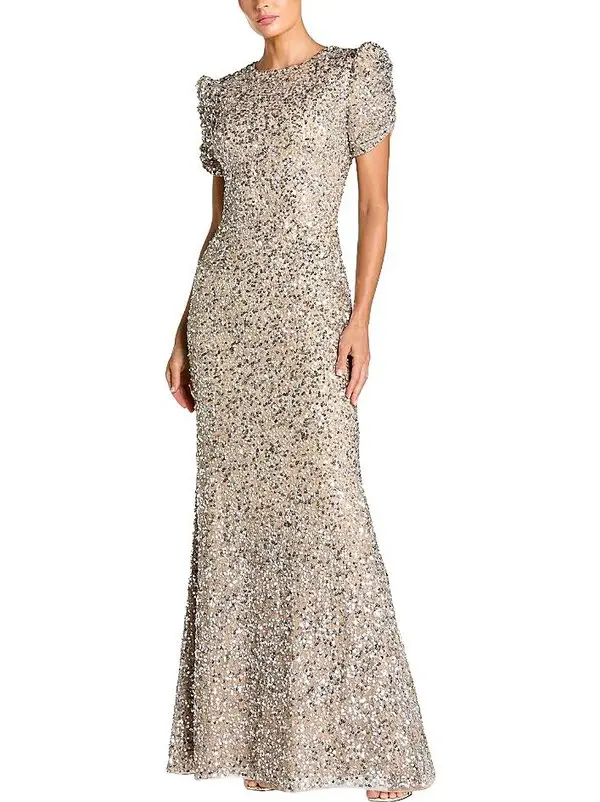 Mac Duggal Gathered Short Sleeve Beaded Gown - Nude Silver