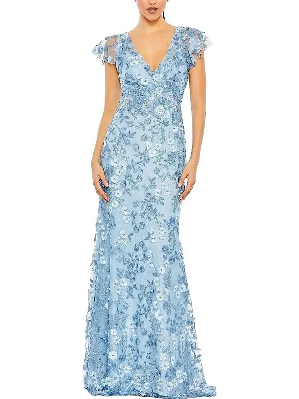 Mac Duggal Embroidered Applique Flutter Sleeve Gown - Blue
