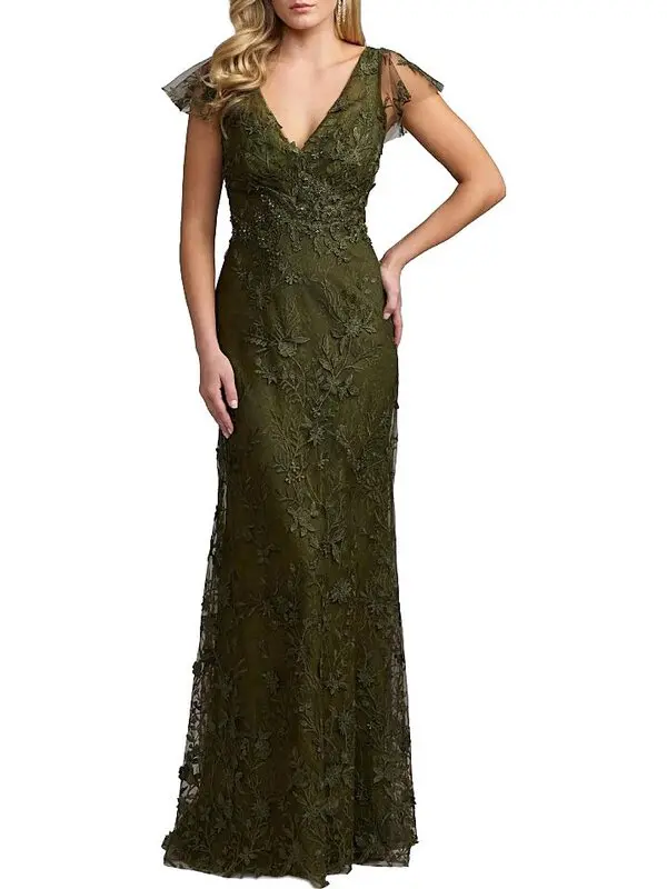 Mac Duggal Embroidered Applique Wrap Over Flutter Sleeve Gown - Olive