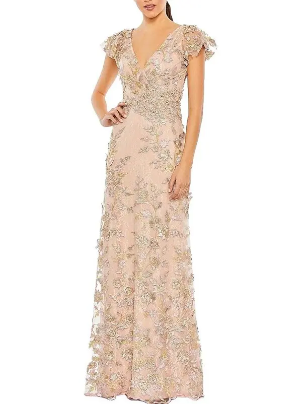 Mac Duggal Embroidered Applique Flutter Sleeve Gown - Rose Gold