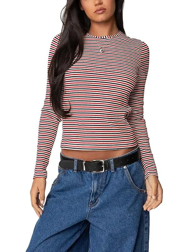 EDIKTED Corina Ribbed Stripey Long Sleeve T-shirt - Mix