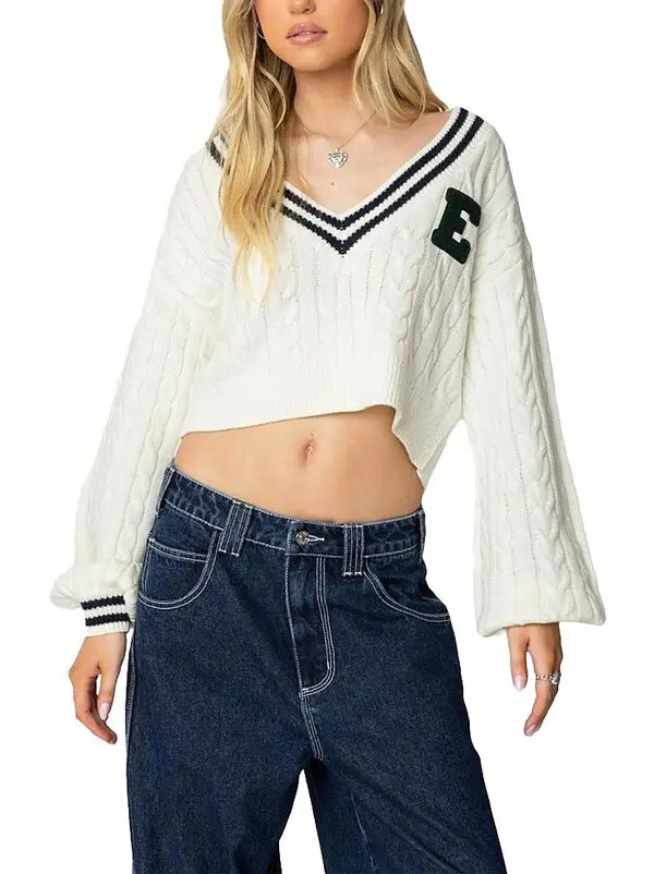 EDIKTED Collegiate Cropped Cable Knit Sweater - Cream