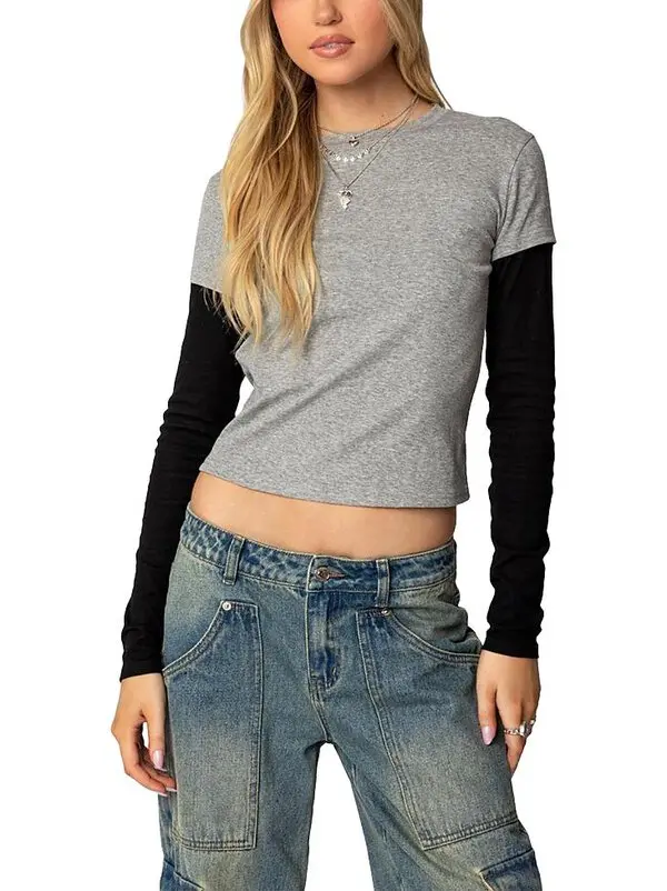 EDIKTED Lucine Layered Long Sleeve T-shirt - Gray Melange