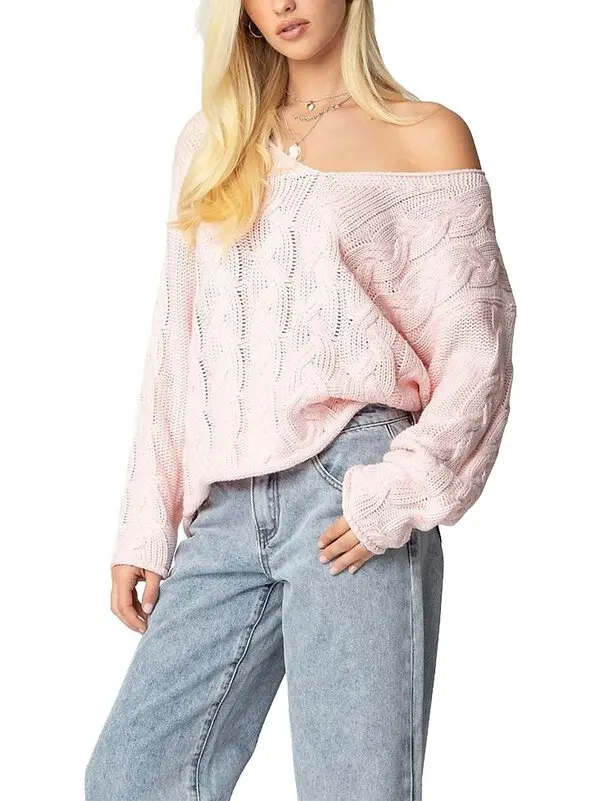 EDIKTED Inga Cable Knit Sweater - Light Pink