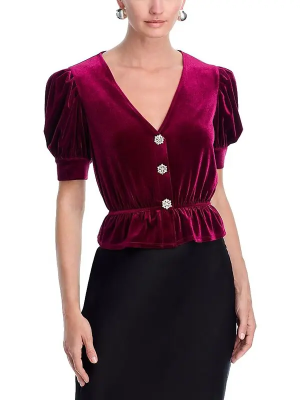 Aqua Velvet Bow Peplum Top - Cherry Lacquer