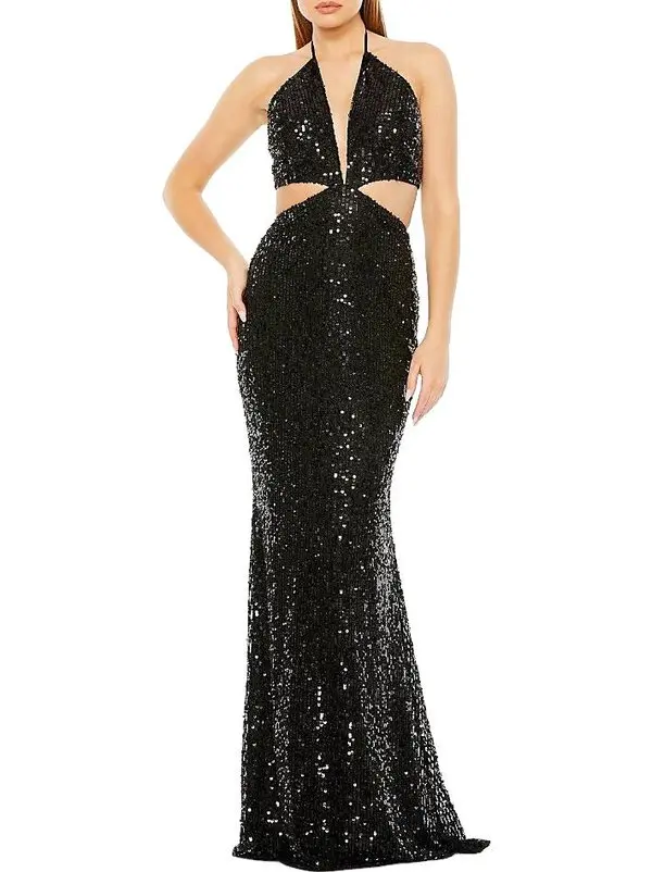 Mac Duggal Cut Out Halter Sequin Gown - Black