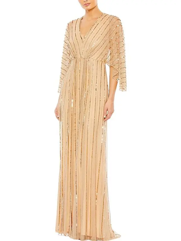 Mac Duggal Beaded Striping Kimono Sleeve Gown - Taupe