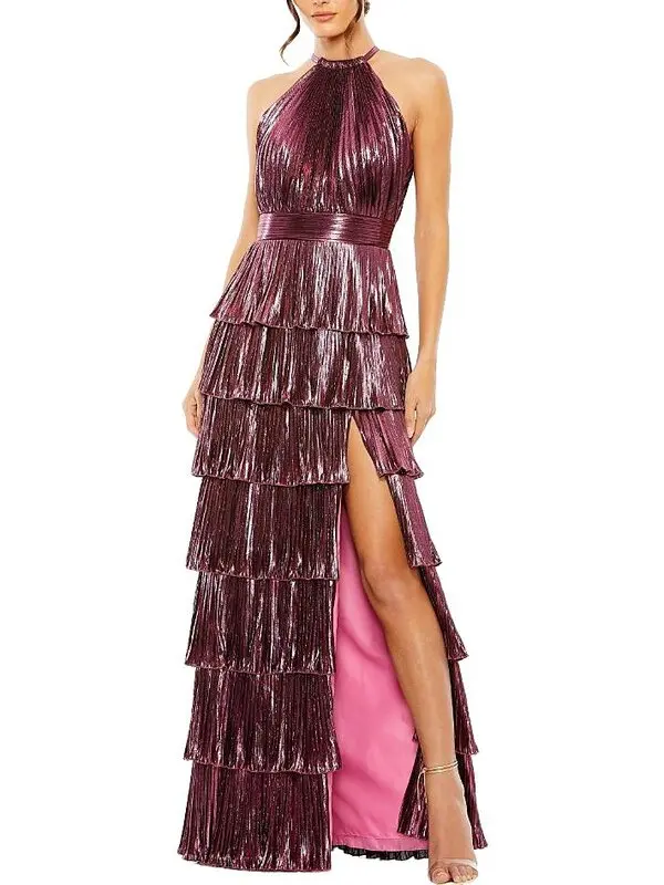 Mac Duggal Ieena High Neck Pleated Metallic Gown - Rose