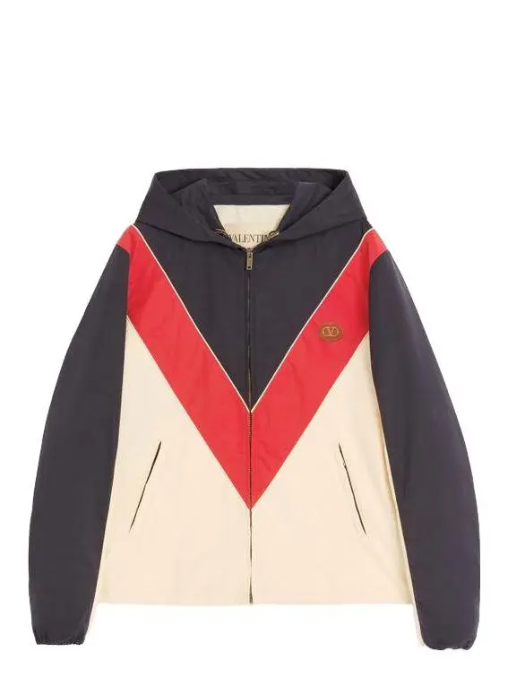 Valentino Garavani Hooded Nylon Windbreaker With Vlogo - Navy/red/blue
