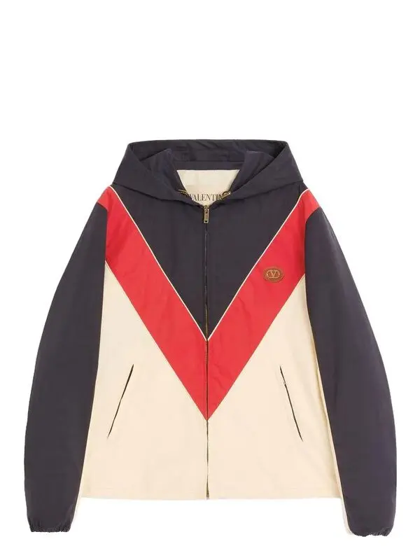 Valentino Garavani Hooded Nylon Windbreaker With Vlogo - Navy/red/blue