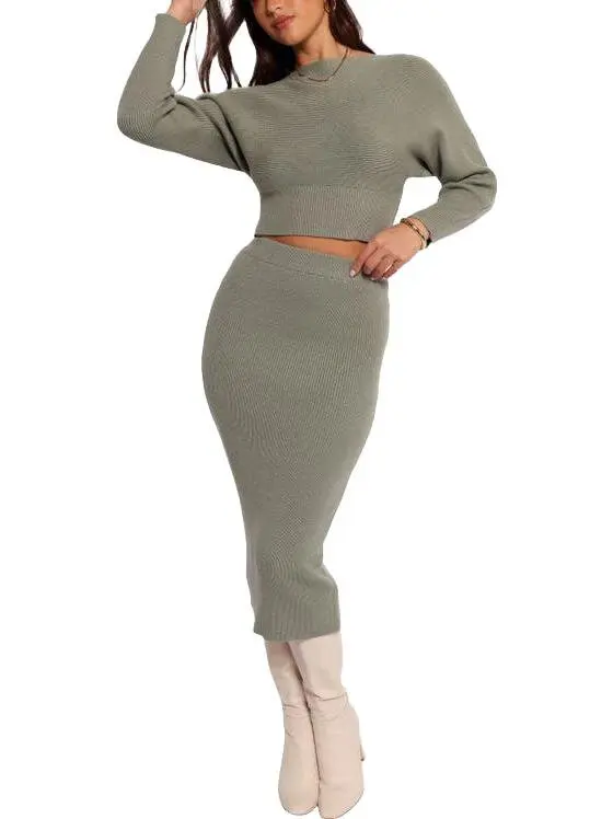 PETAL & PUP Serena Long Sleeve Crop Sweater & Skirt Set - Olive