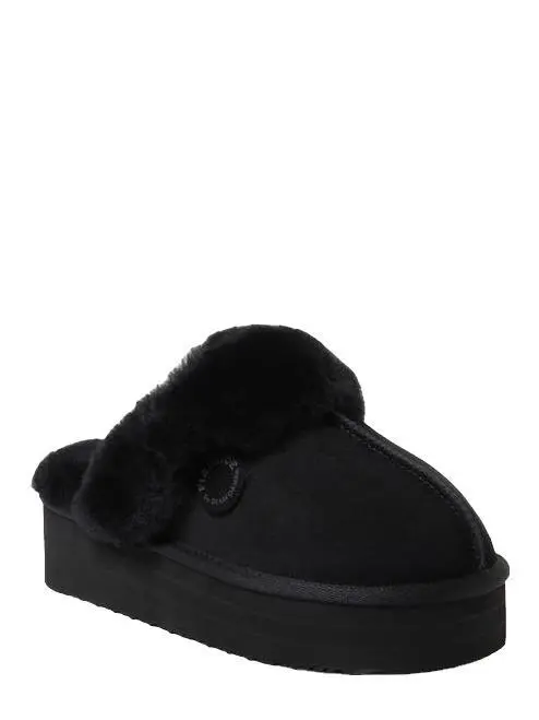 DEARFOAMS Fireside Melton Genuine Shearling Platform Scuff Slipper - Black