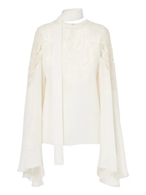 Elie Saab Lace-trimmed Tie-neck Georgette Blouse - White
