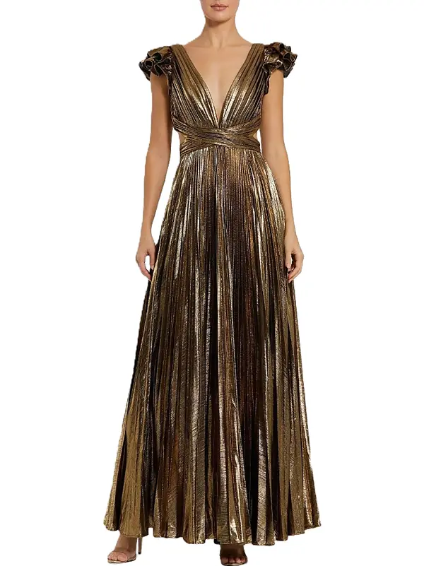 Mac Duggal Ruffle Sleeve Cutout Pleated Metallic Gown - Antique Gold