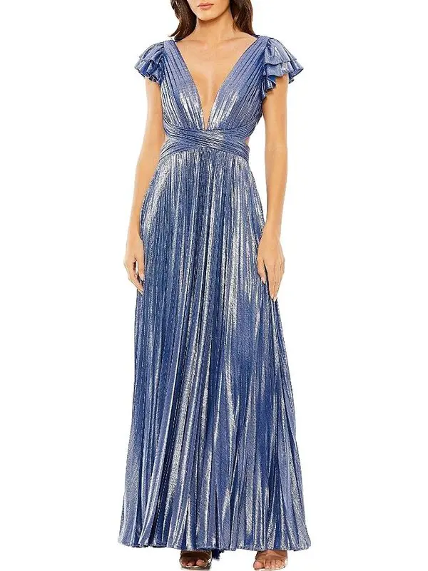 Mac Duggal Ruffle Sleeve Cutout Pleated Metallic Gown - Blue