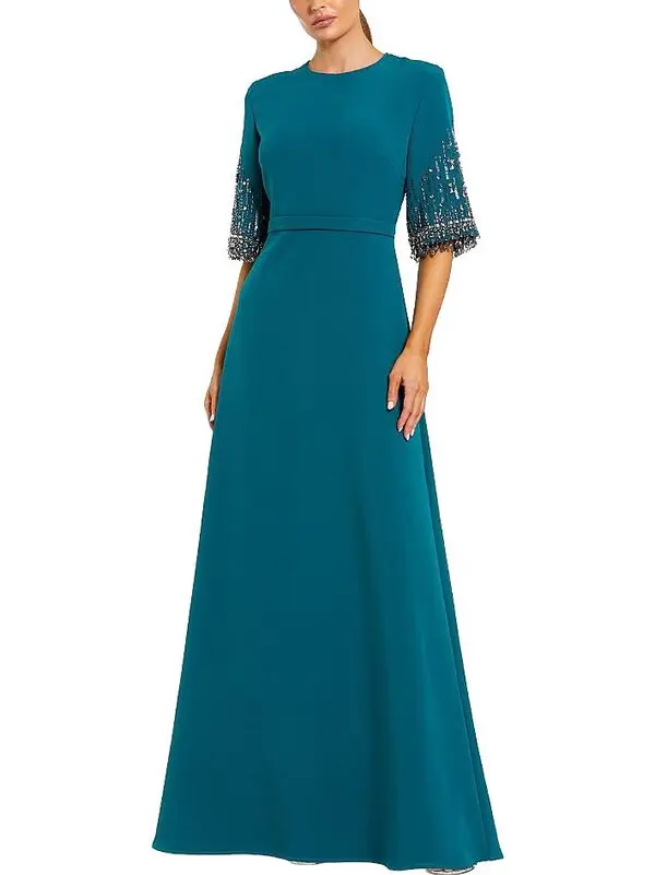 Mac Duggal Crepe A-line Gown With Beaded Sleeves - Ocean