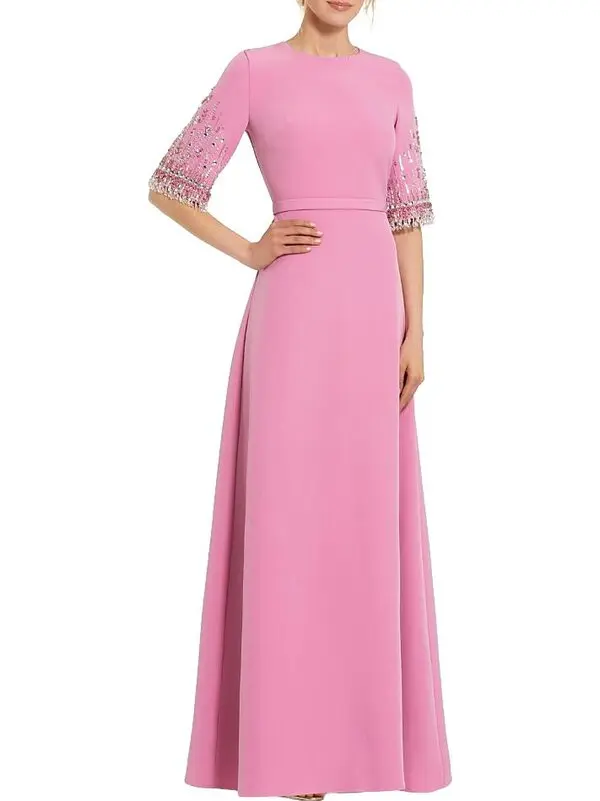 Mac Duggal Crepe A-line Gown With Beaded Sleeves - Rose