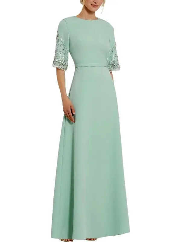 Mac Duggal Crepe A-line Gown With Beaded Sleeves - Sage