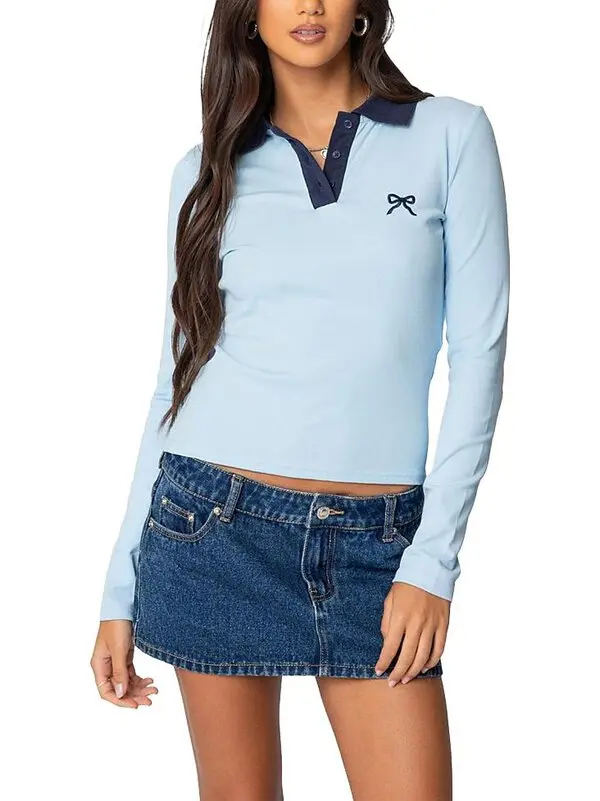 EDIKTED Contrast Bow Polo Top - Light Blue