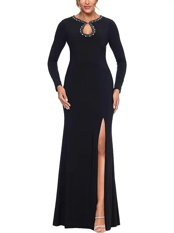 Aqua Embellished Keyhole Gown - Black/gunmetal/silver