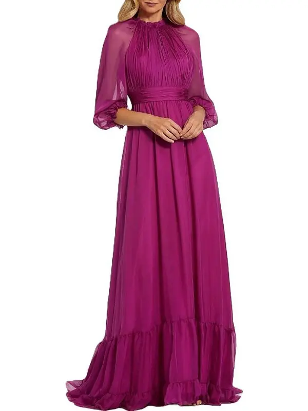 Mac Duggal Chiffon Ruched Illusion Raglan Sleeve Ruffled Gown - Magenta