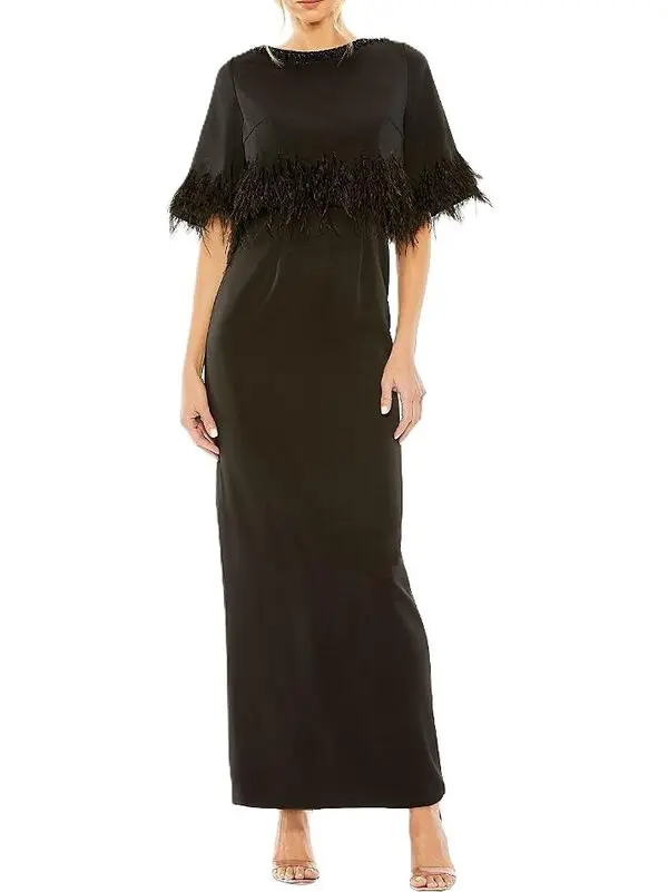 Mac Duggal Quarter Sleeve Feather Detail Gown - Black