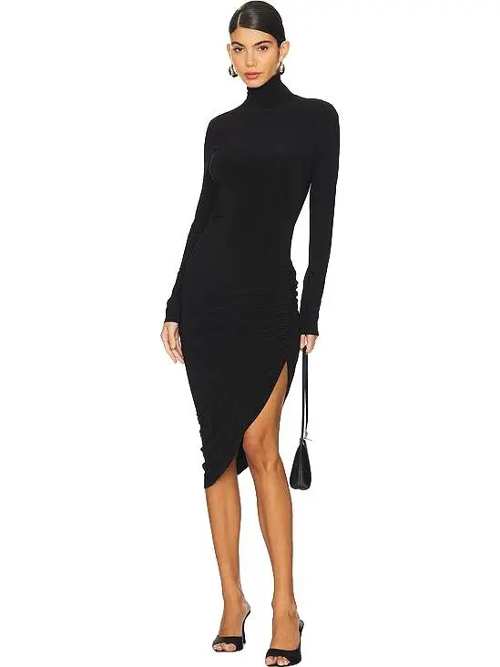 Norma Kamali Long Sleeve Turtleneck Side Drape Dress - Black