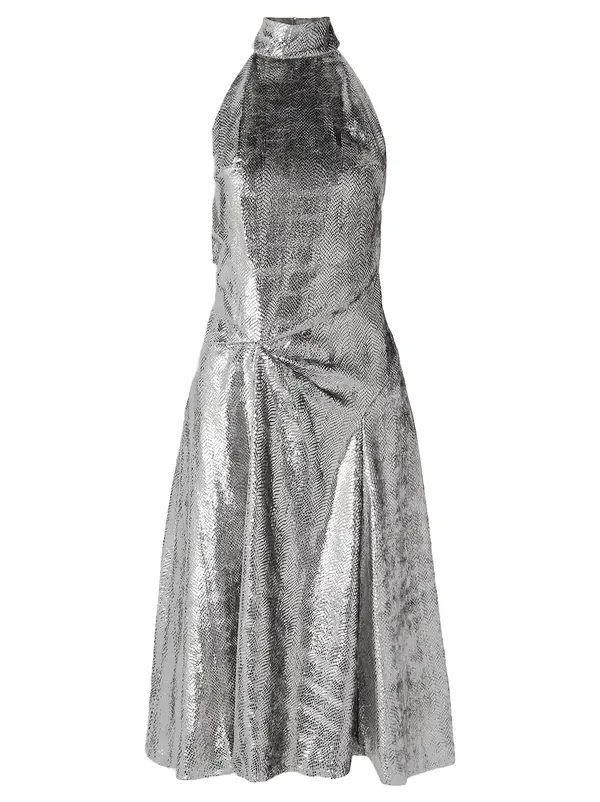 Isabel Marant Naionea Draped Snakeprint Lamé Halterneck Midi Dress - Silver