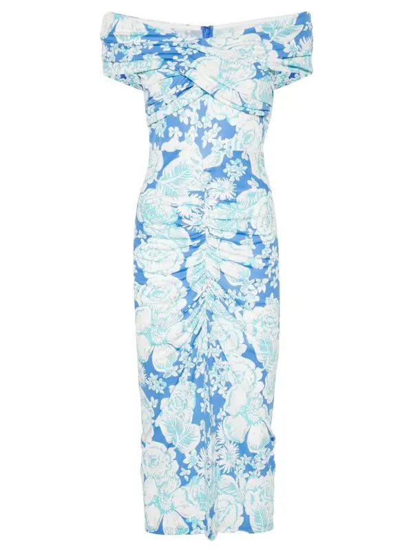 Diane Von Furstenberg Floral-print Ruched Bardot Midi Dress - Blue