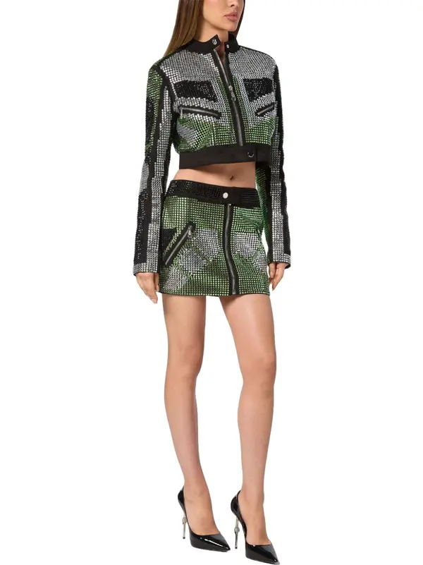 Philipp Plein Strass Cropped Biker Jacket - Silver