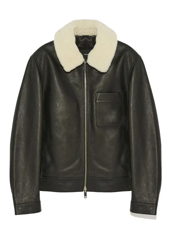 YVES SALOMON Shearling Collar Leather Jacket - Black