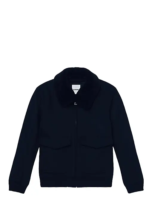 Sandro Wool-blend Aviator Jacket With Shearling Collar - Bleus