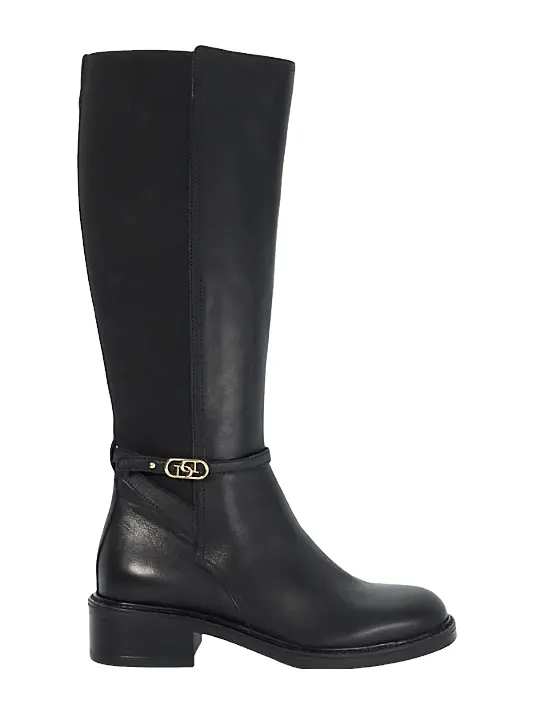 DUNE Buckle Knee-high Leather Boots - Black Leather