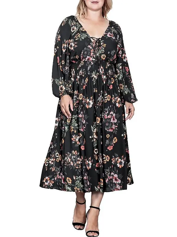 STANDARDS & PRACTICES Lace-up Double V-neck Dress - Rusty Floral