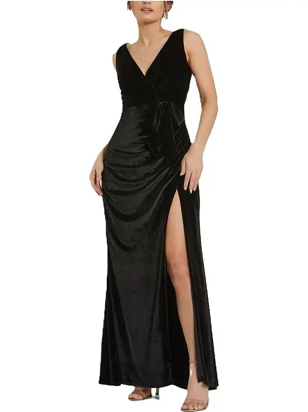 Mac Duggal Deep V High Slit Draped Velvet Fitted Gown - Black