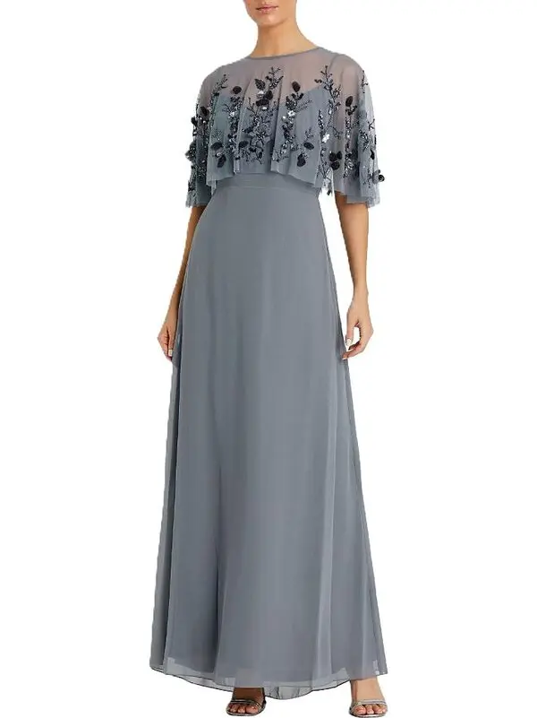 Mac Duggal Sleeveless Embellished Cape Gown - Slate Blue